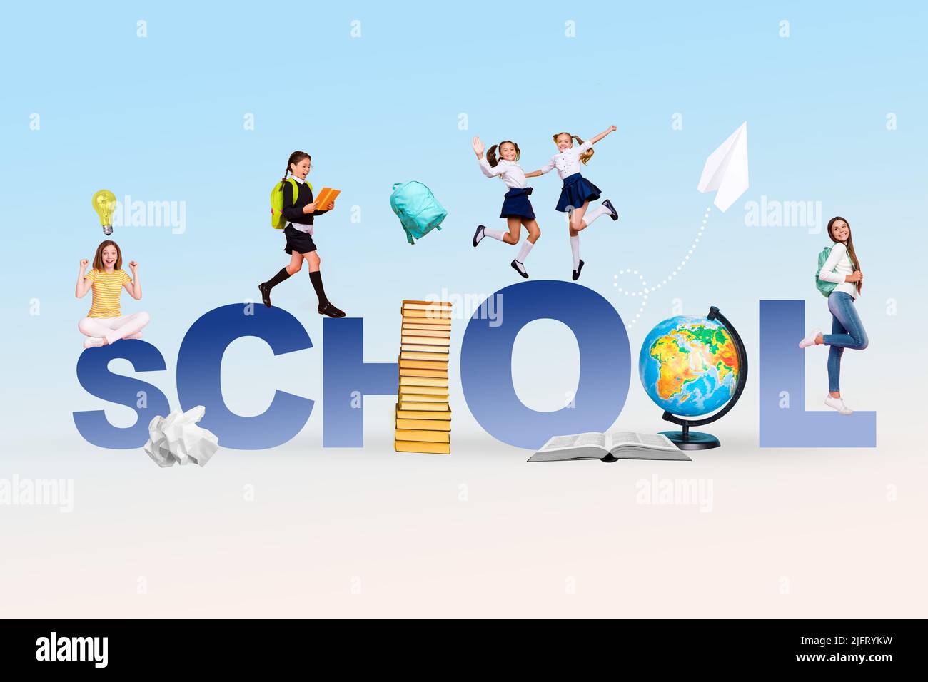 Composite collage image of group small kids stand big school text ...