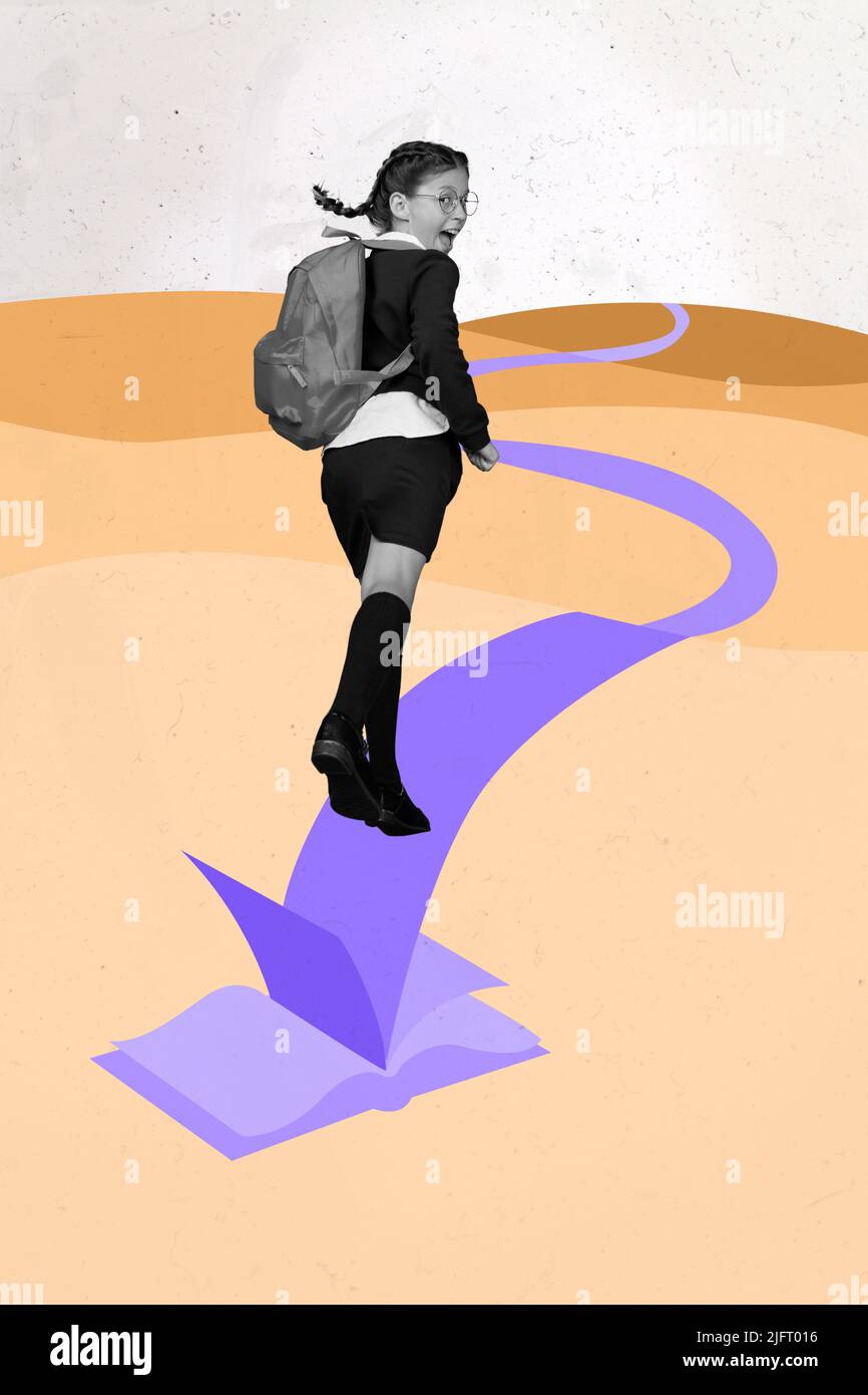 Creative poster collage of nerd schoolchild leading route direct ...