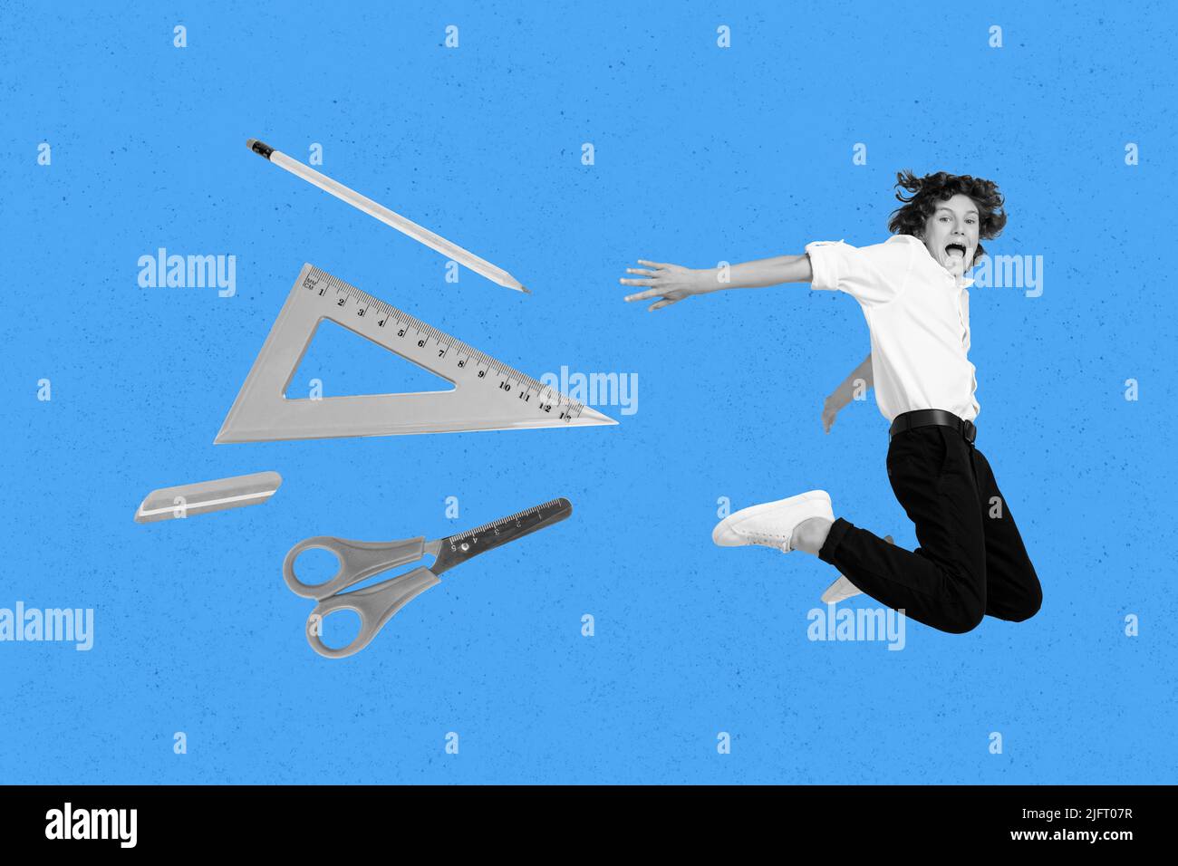 Creative sketch collage of funky schoolchild boy air fly up escape ...