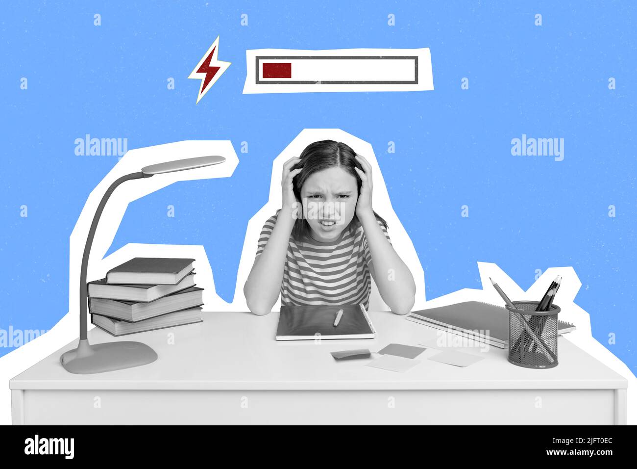 Sketch collage of white black filter schoolchild sit table bored low ...