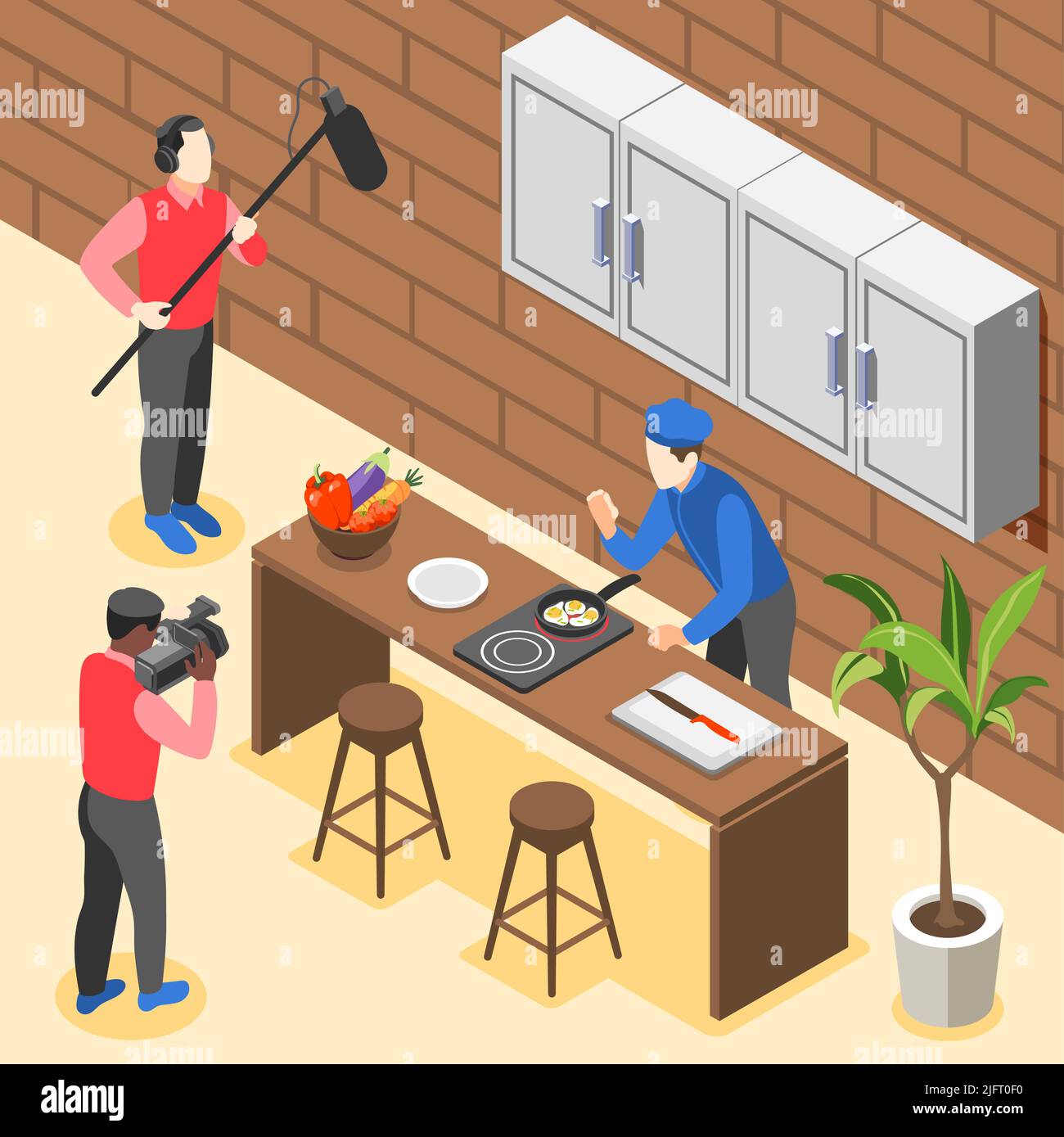 Cooking show isometric colored background man cooks eggs and explains ...