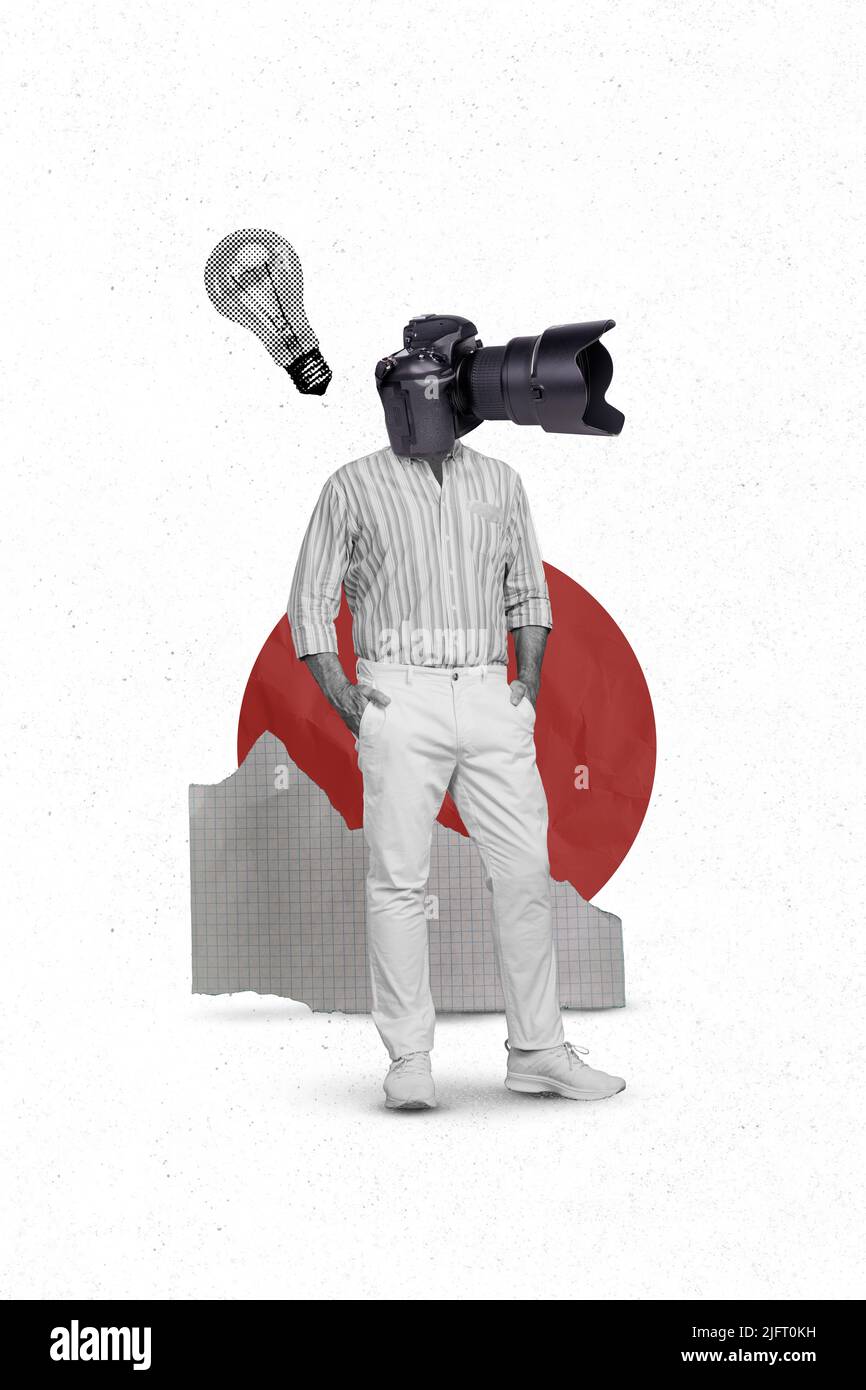 Artwork template collage of weird guy have dslr camera face look white ...