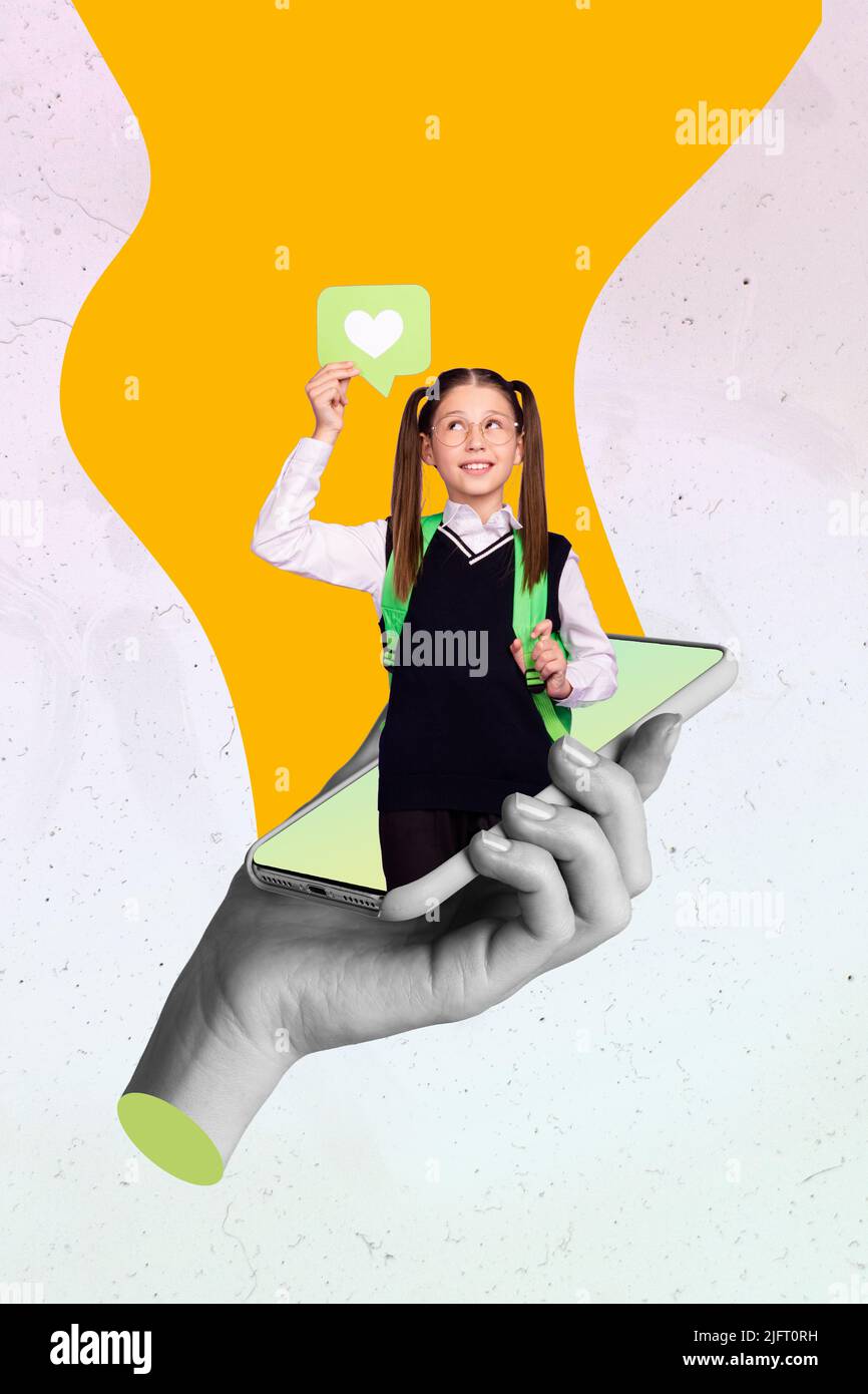 Vertical creative collage portrait of arm black white gamma hold ...