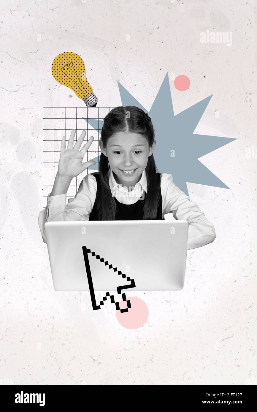 Abstract collage of diligent nerd schoolchild greeting netbook teacher ...