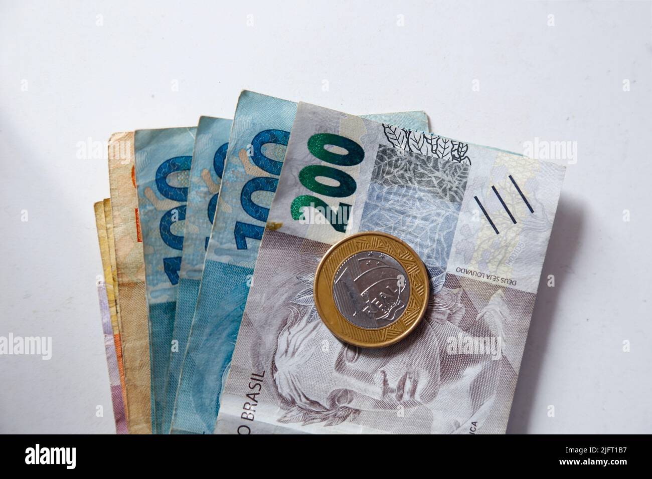 Brazilian currency miscellaneous banknotes on white surface - Brazilian ...