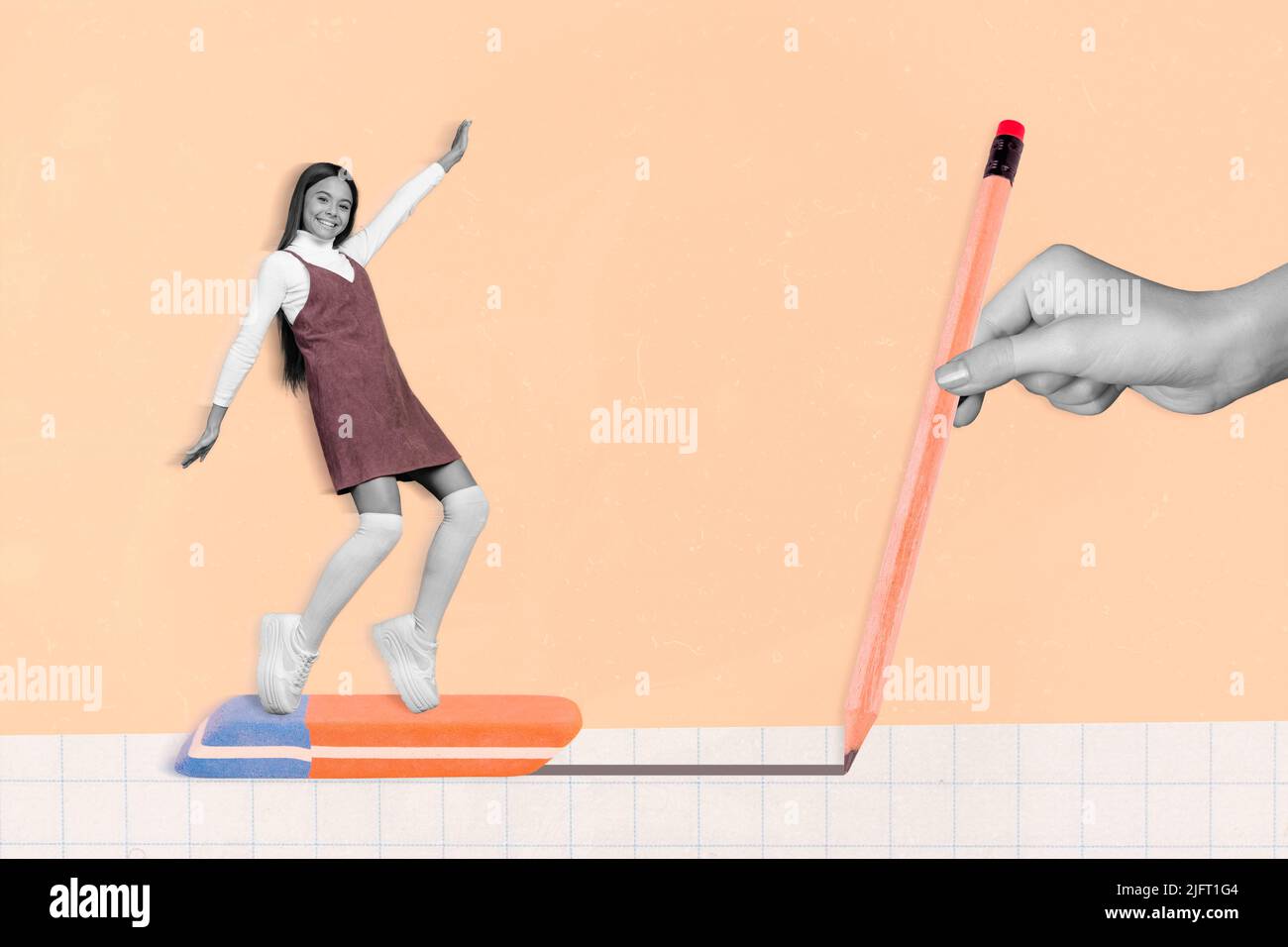 Photo artwork minimal picture of carefree schoolgirl riding eraser arm ...