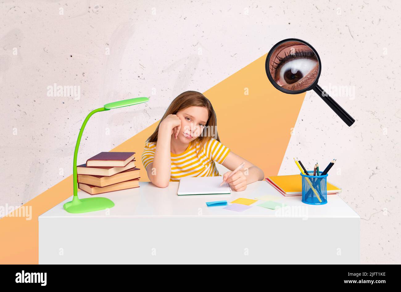 Composite collage picture of unsatisfied bored girl prepare homework ...