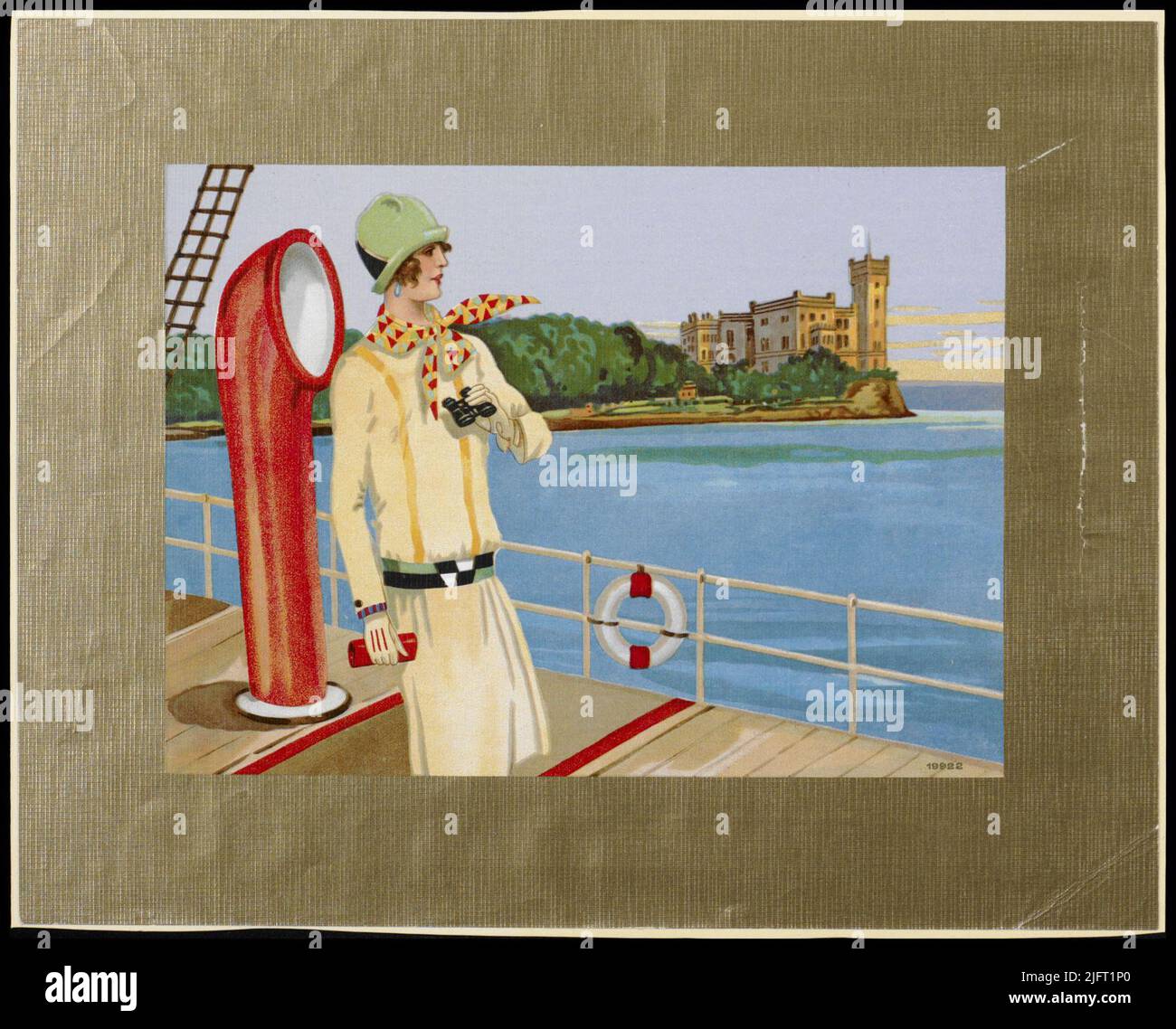 19922 "Drawing of a lady in twenty-twenty style on a boat, with a ...