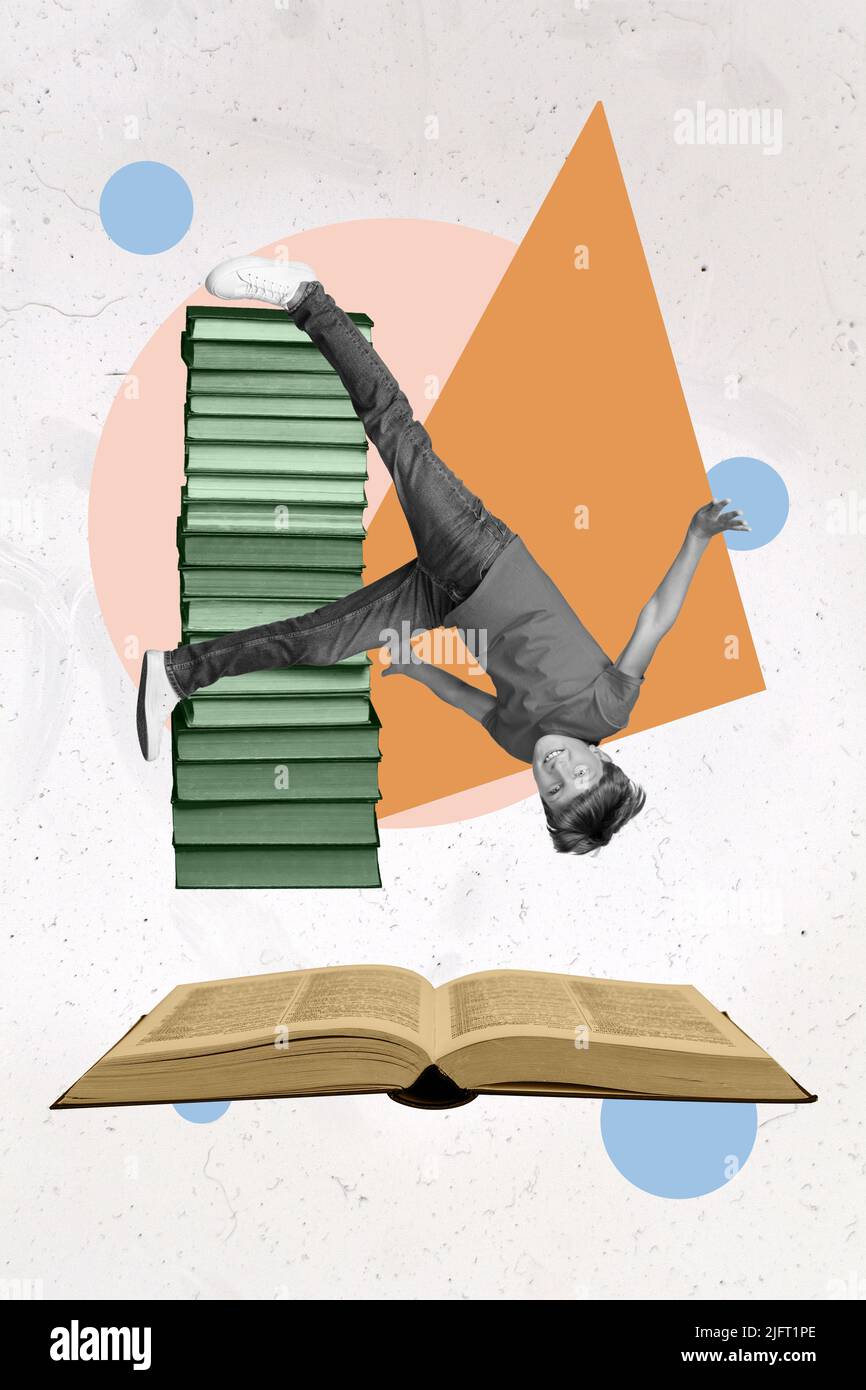 Poster collage of little pupil falling down into open encyclopedia gain ...