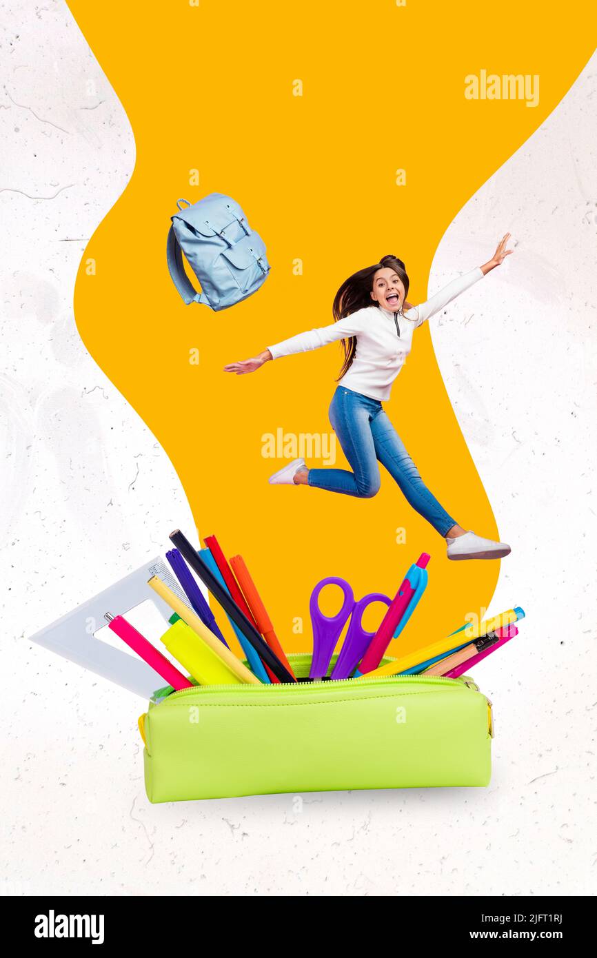 Vertical composite collage of crazy small girl flying bag jumping over ...