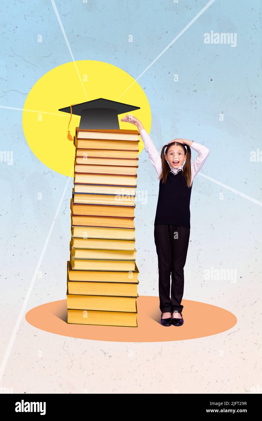 Vertical collage image of amazed happy girl arm measure height book ...