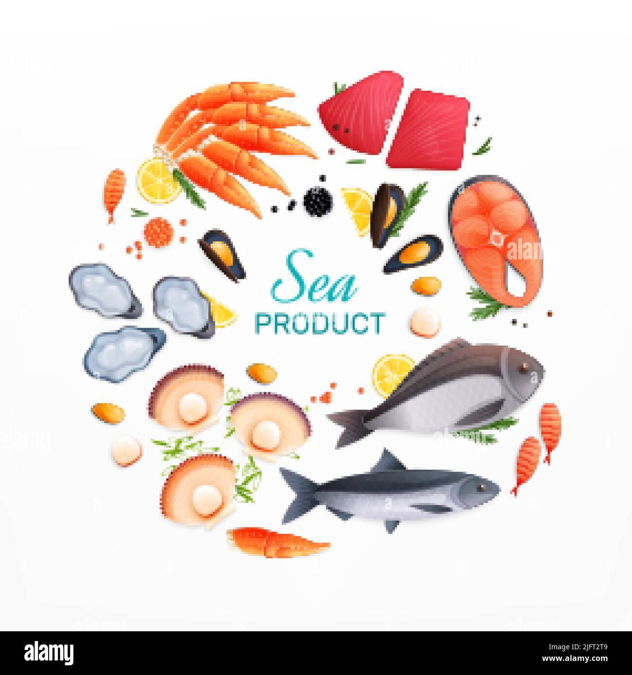 Fresh seafood products realistic circular advertising composition with ...