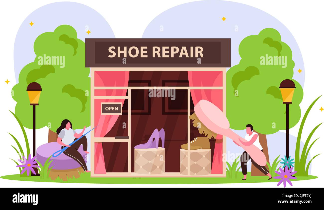 Shoes repair building with display and characters of shoemakers holding ...