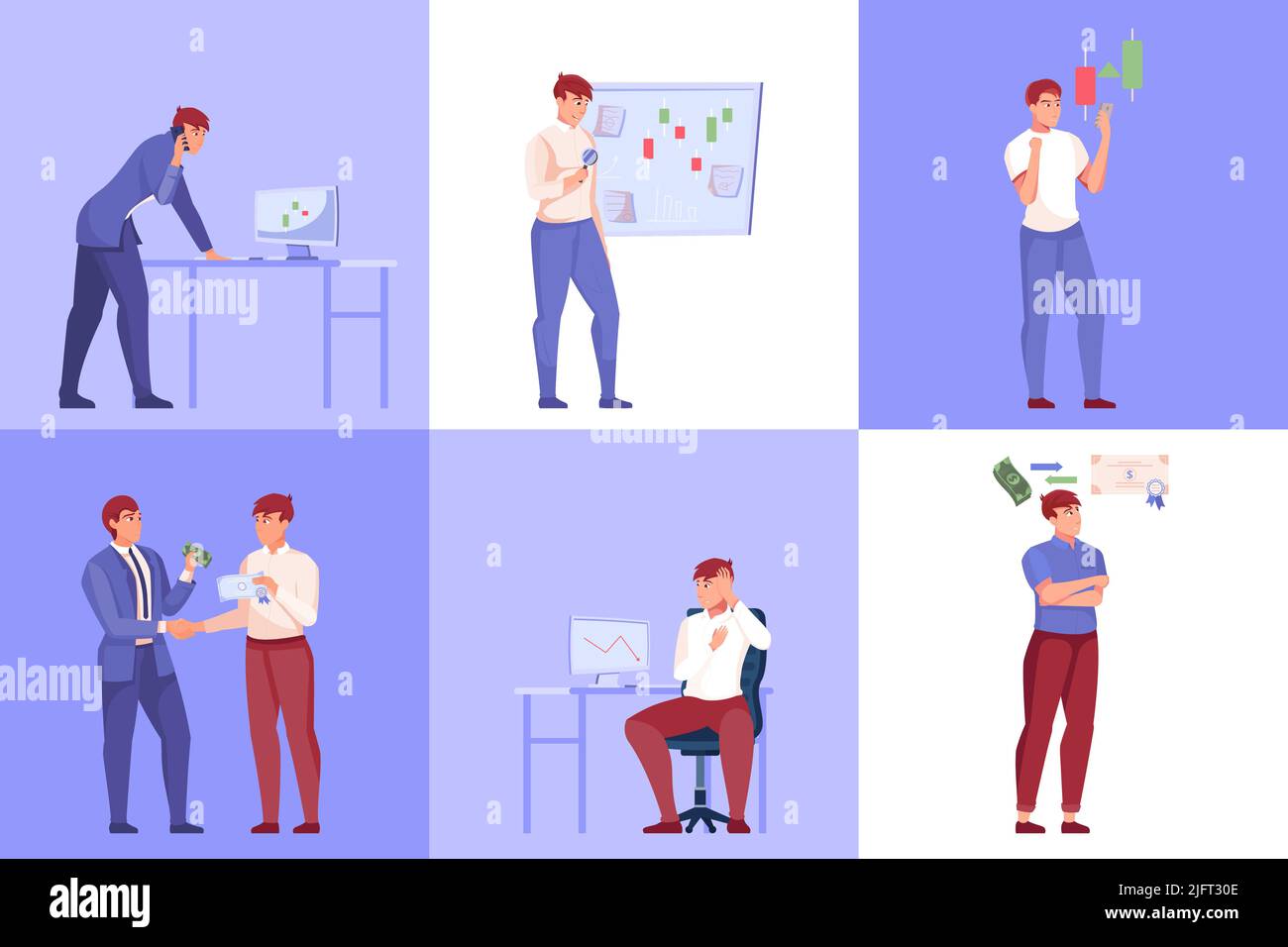 Stock market design concept set of six flat square compositions with ...