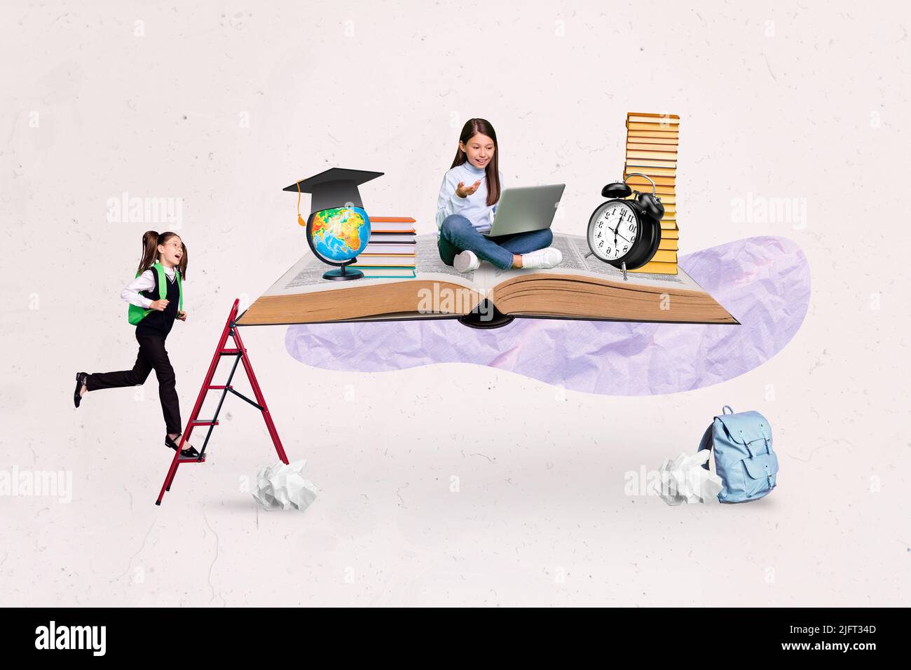 Collage image of two mini small girls climb ladder sit huge book use ...