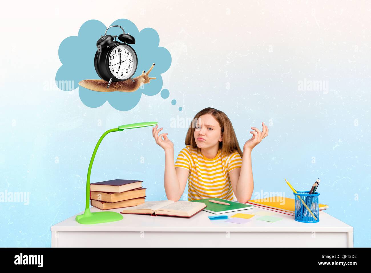 Creative collage image of minded clueless girl sit desktop think slow ...