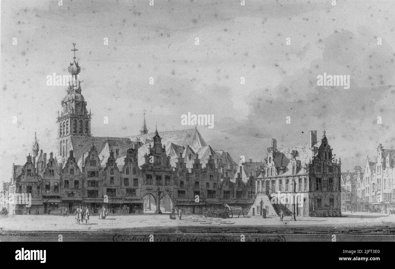 A washed pen drawing; The Waaggebouw (formerly called the Hoofdwacht ...