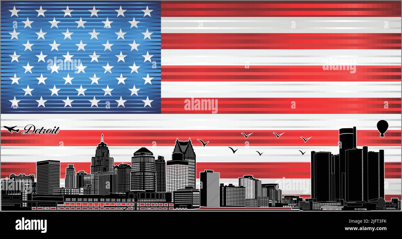 Detroit city skyline with flag of USA on background - illustration ...