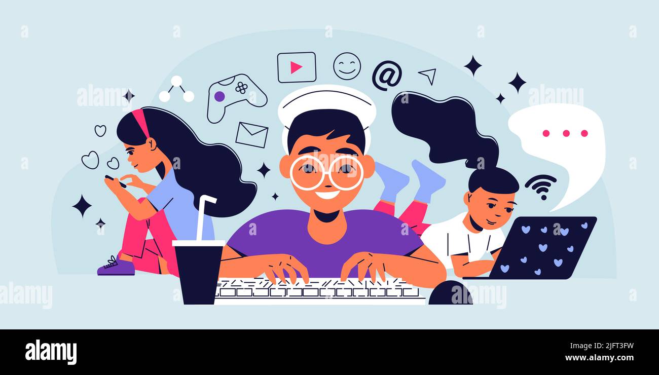 Children gadget addiction horizontal vector illustration with kids ...