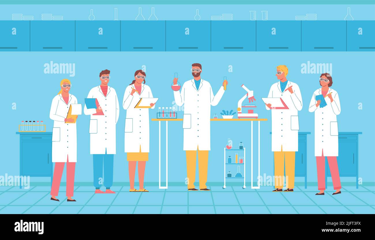 Meeting of scientists with lead scientist in laboratory flat vector ...