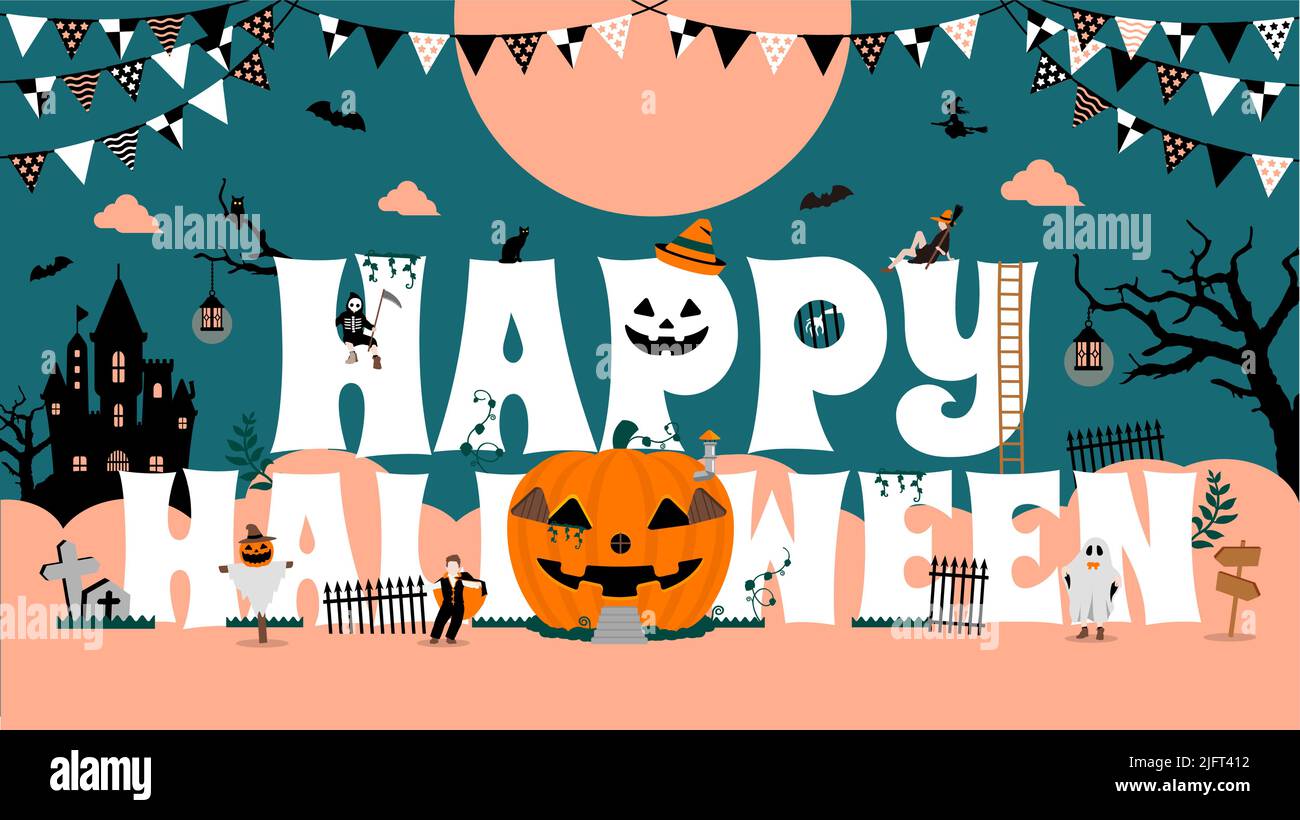 Happy Halloween vector banner illustration. Pumpkin house with costume ...