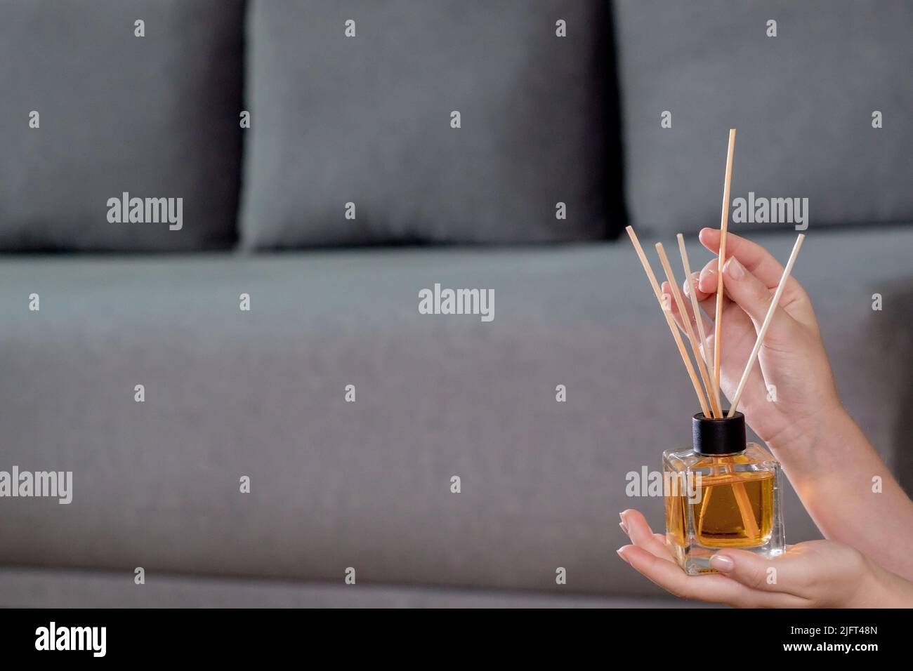 Aromatic cane air freshener woman holding in hand on room background ...