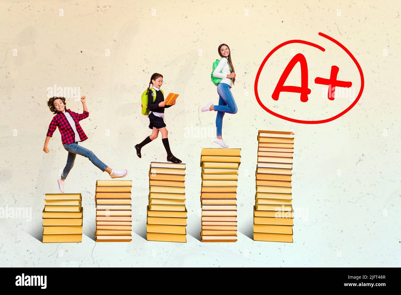 Composite collage image of three happy small kids step walk book pile ...