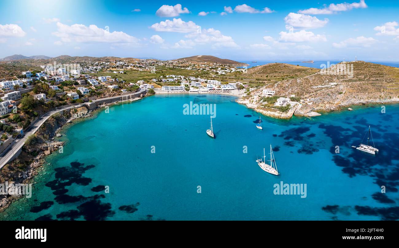 Panoramic aerial view of the popular beach at Vari, Syros island Stock ...