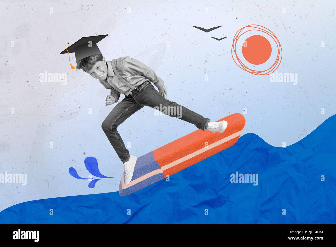 Creative collage illustration of mini boy black white effect surf big ...