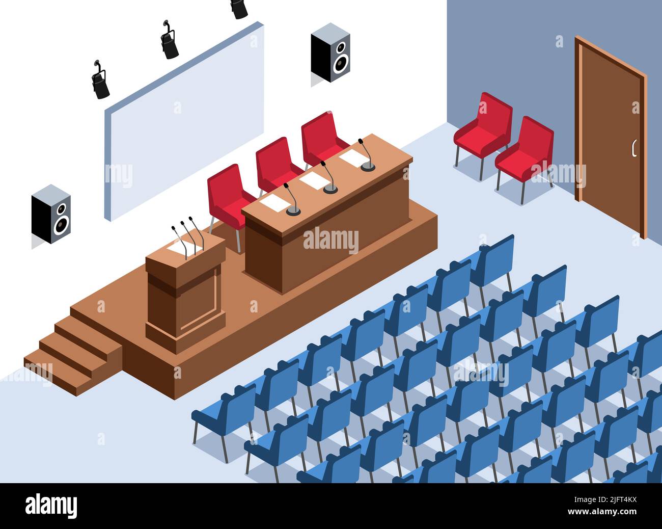 Isometric conference hall composition with indoor view of empty ...