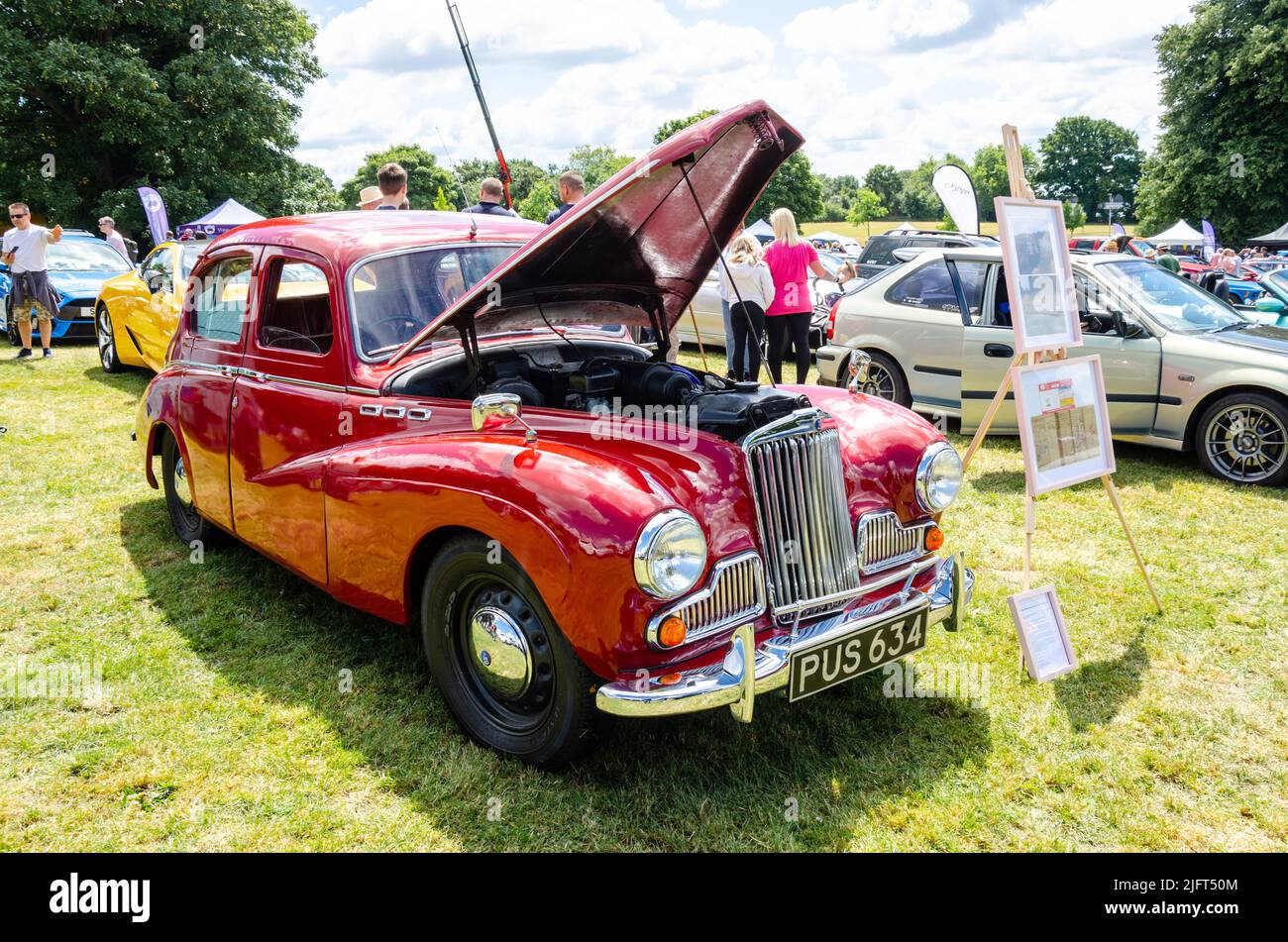 Front view of a red 1956 Sunbeam Talbot with it's bonnet up at The ...