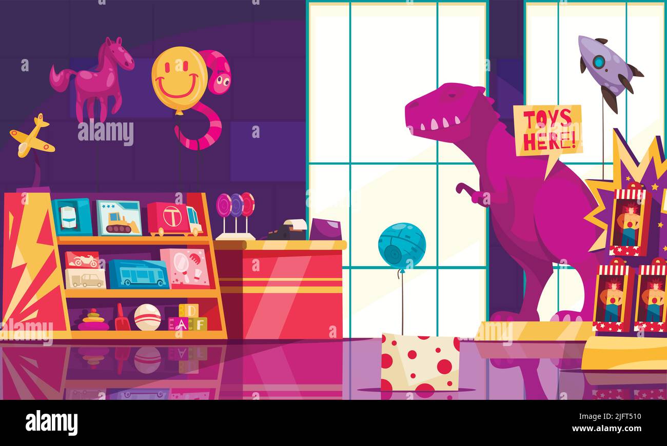 Toys shop inside colored background with board games and books for ...