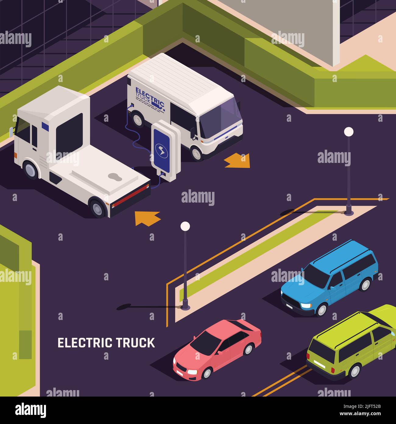 Electric vehicles curbside charging stations on city street isometric ...