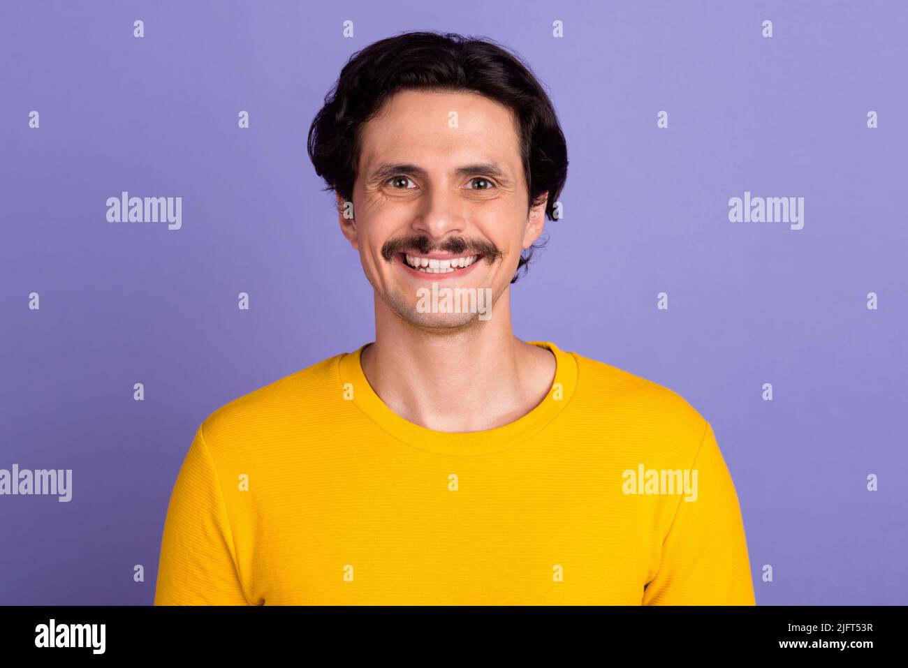 Portrait of positive satisfied person toothy beaming smile dentistry ...