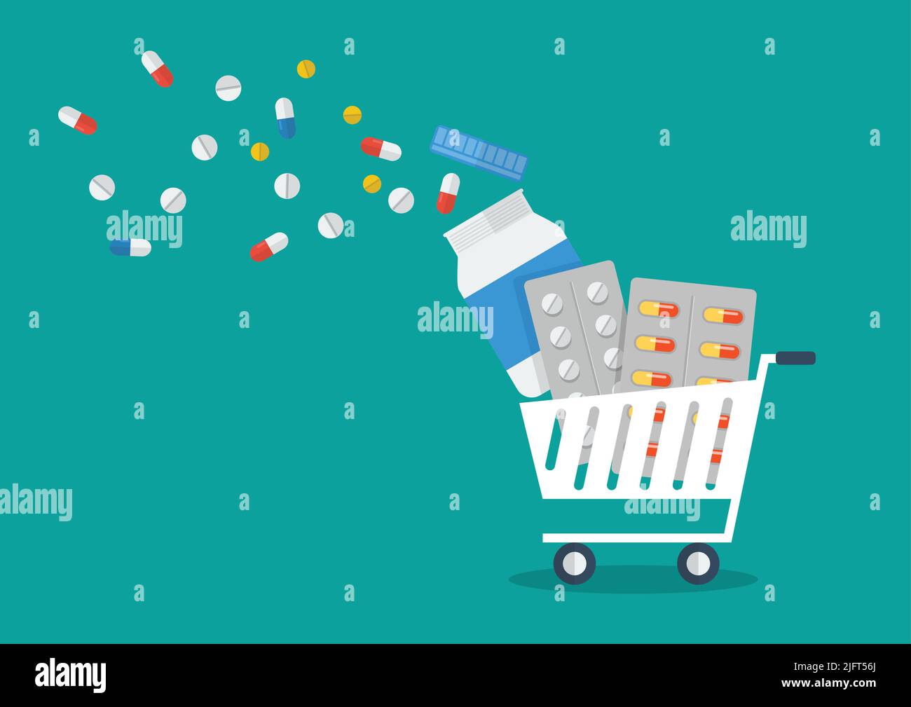 Shopping cart full of medicines. Concept of an online pharmacy. Vector ...