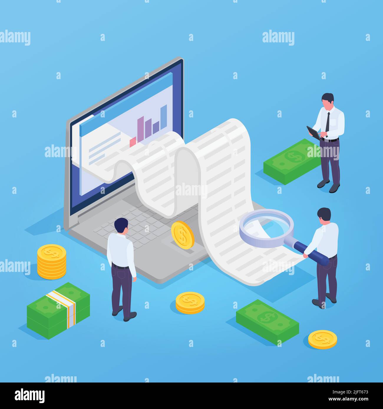 Accounting and audit concept with budget calculation symbols isometric ...