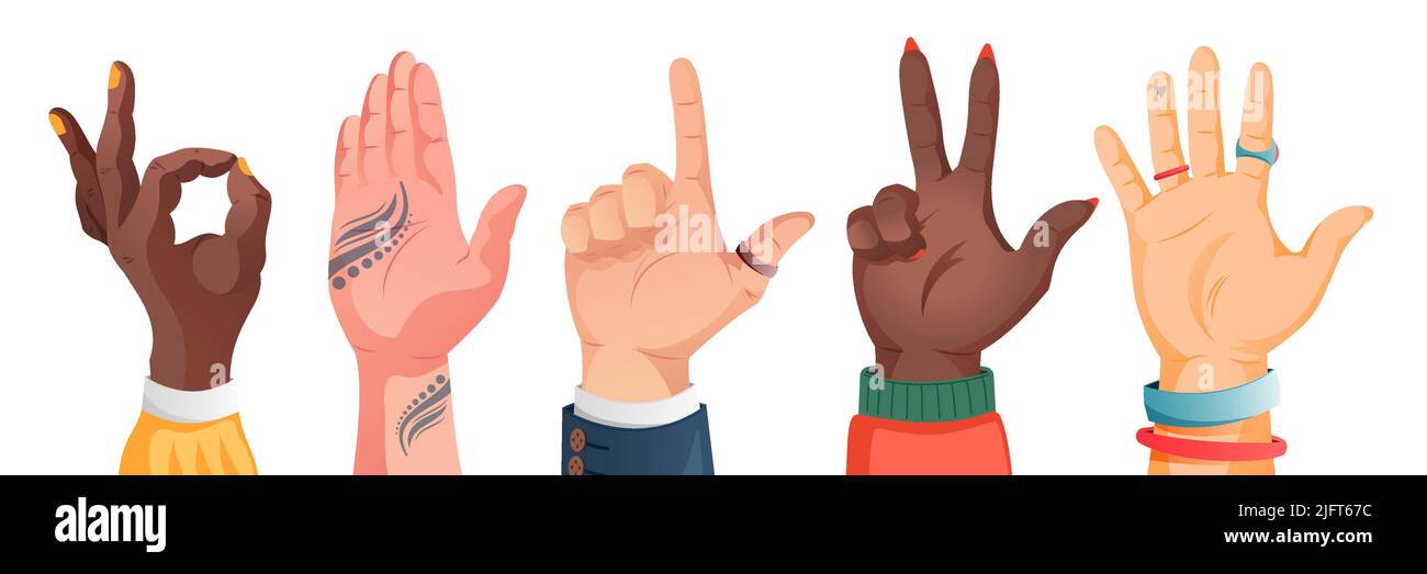 Human hands skin color diversity closeup set of dark brown pink red hue ...