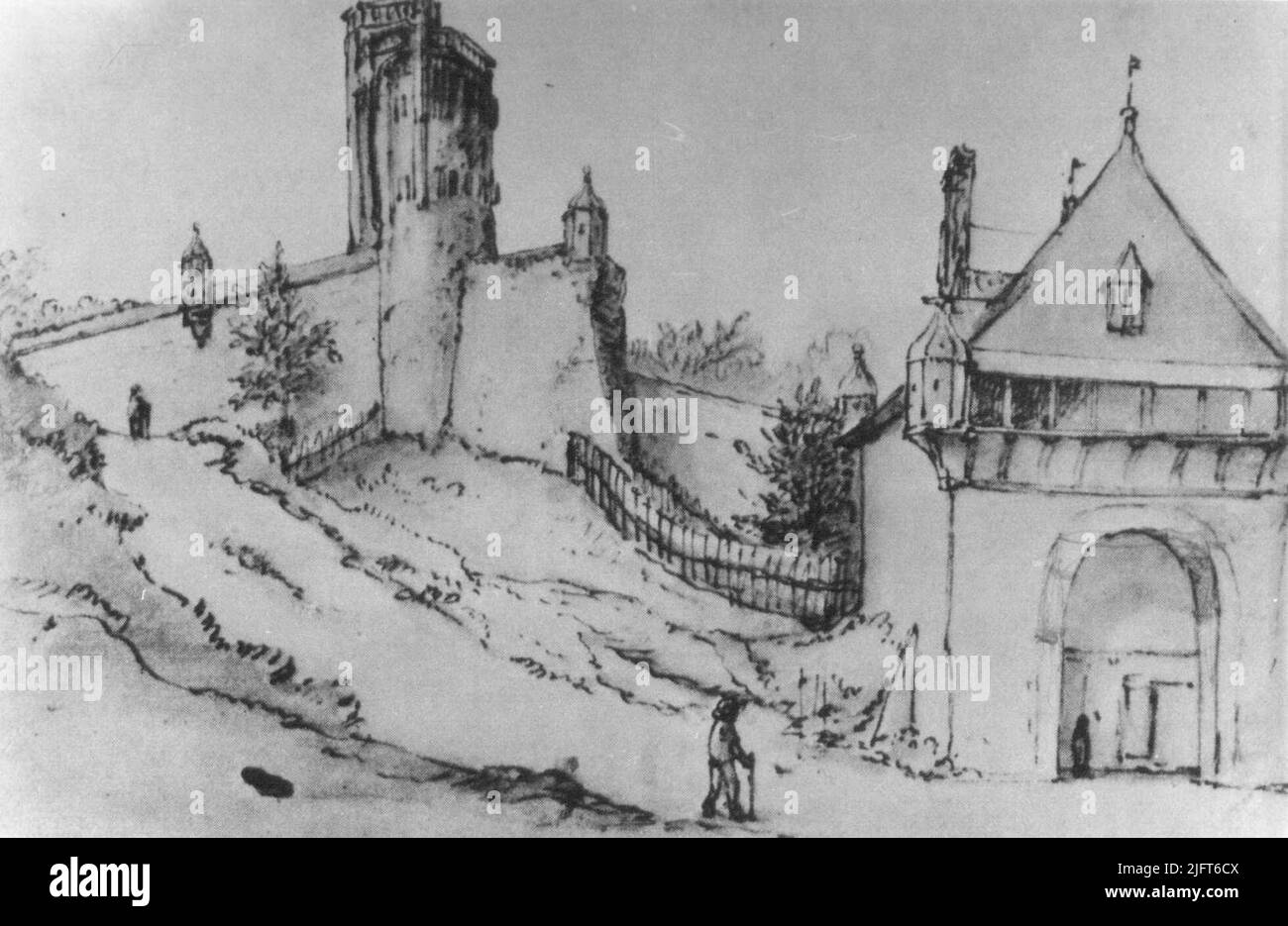 De Hunnerpoort (Hoenderpoort) and De Belvédère (left), a pen drawing by ...