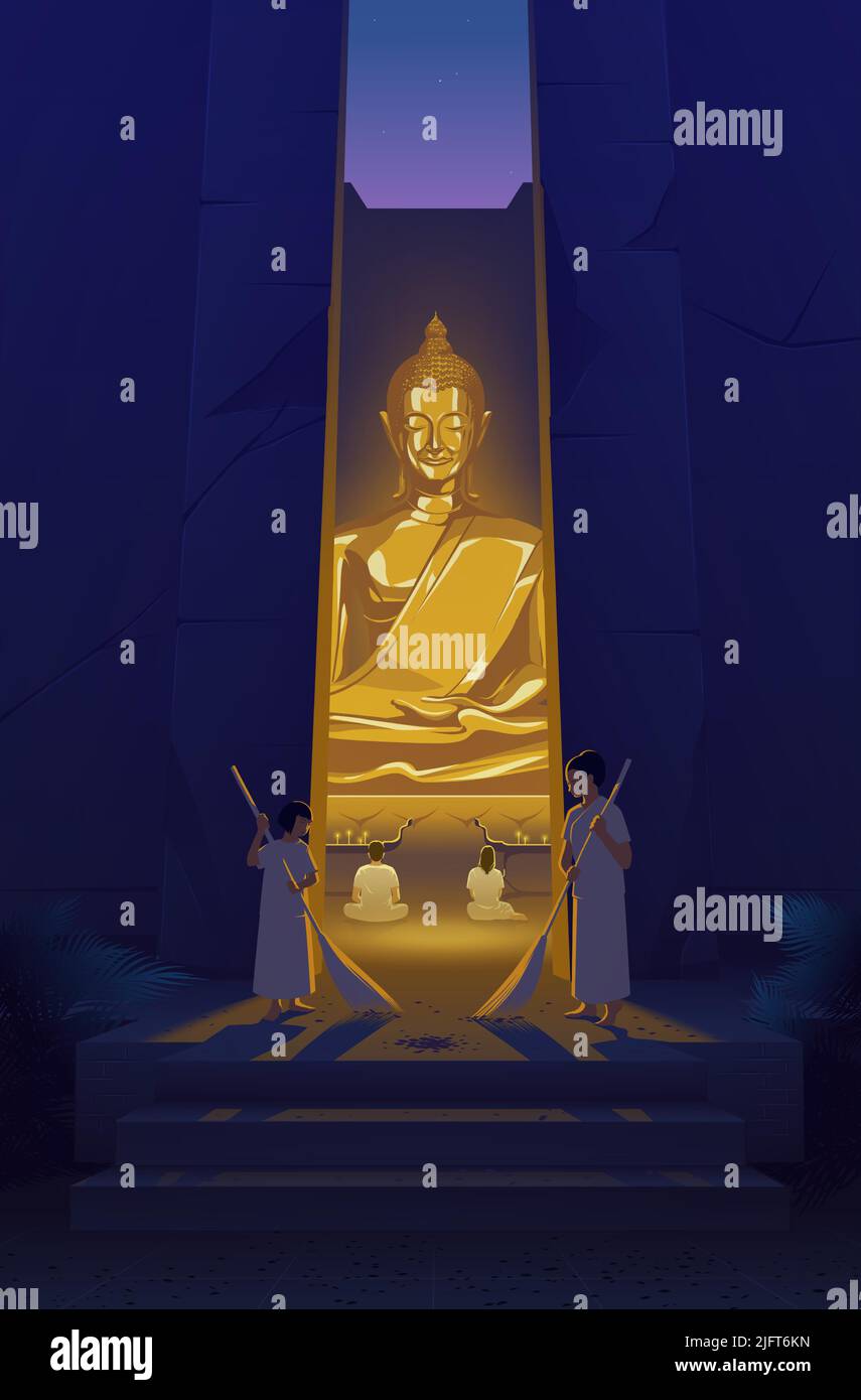 Vector illustration in Theravada Buddhism of laypeople come to practice ...