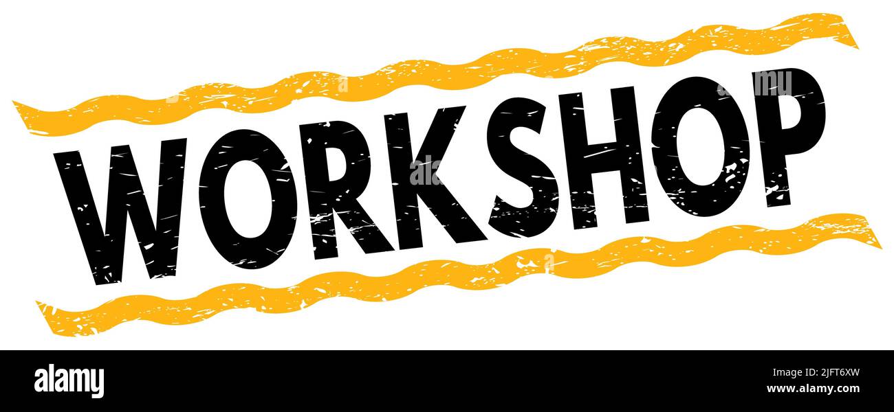WORKSHOP text written on yellow-black lines stamp sign Stock Photo - Alamy