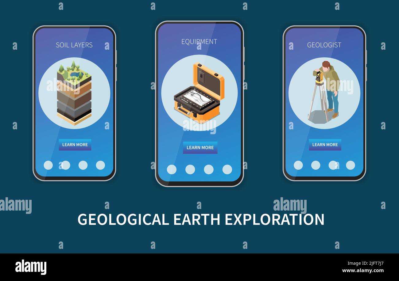 Geology earth exploration isometric colored vertical banner set with ...