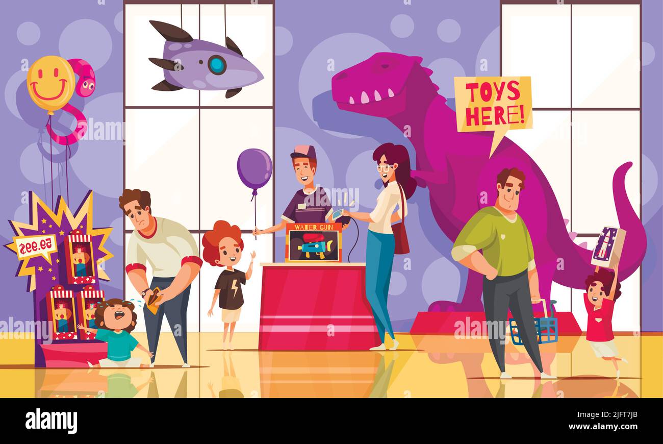 Toys shop cartoon vector illustration with children in store interior ...
