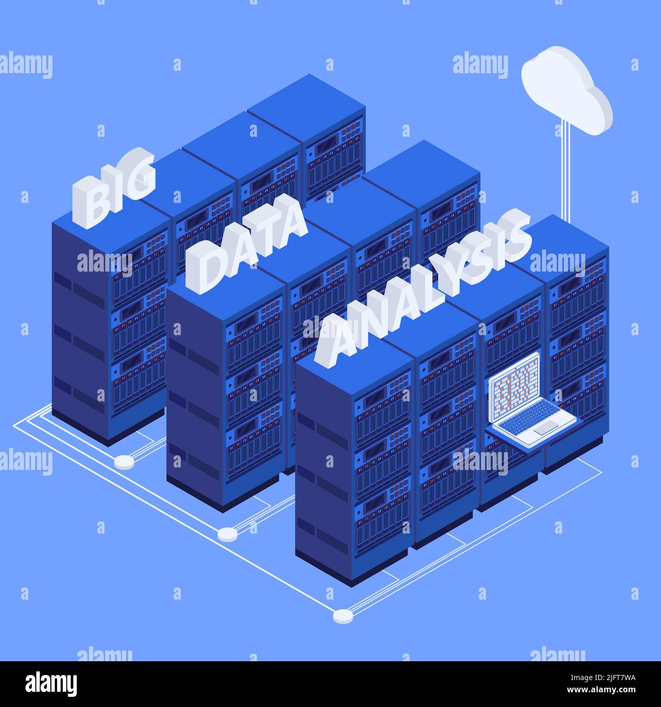 Big data center isometric composition server room data transfer process between server and cloud ...