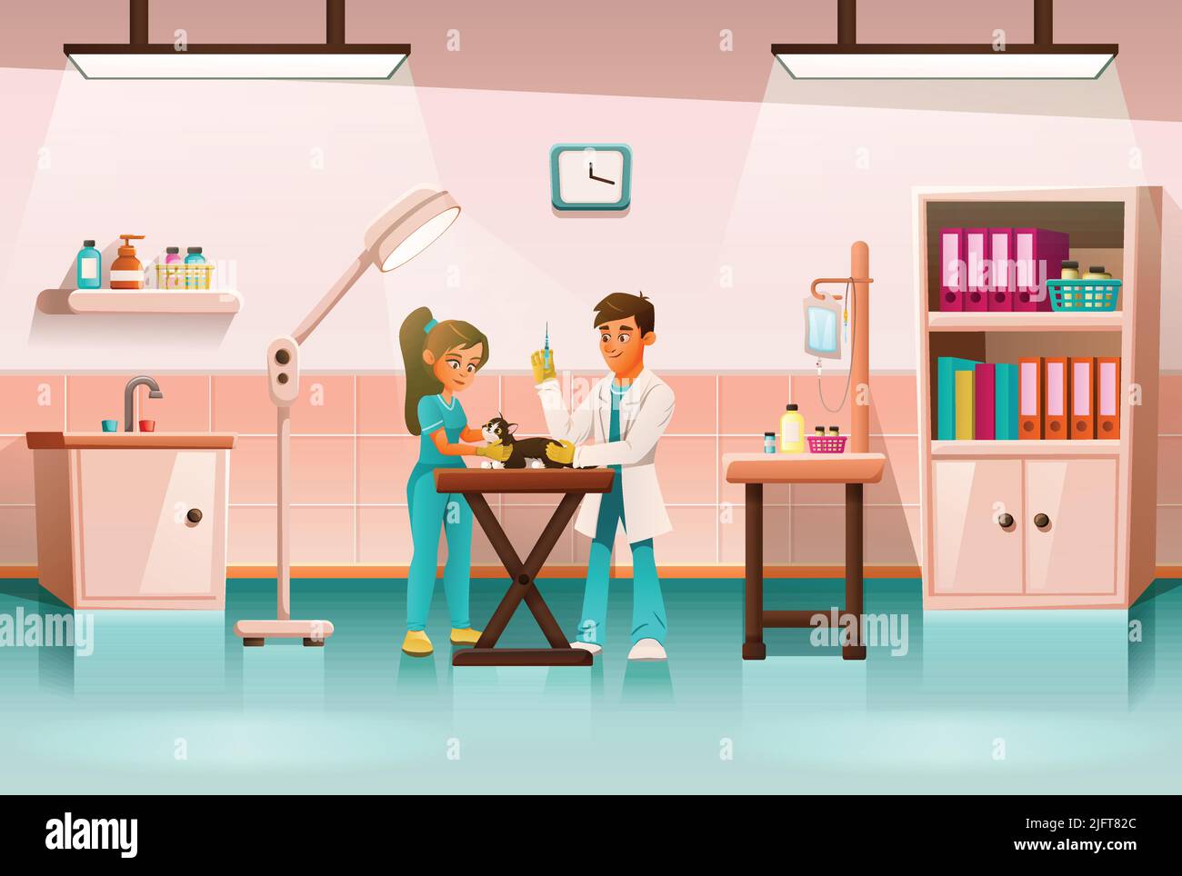Veterinary clinic cartoon composition with indoor scenery and doctor ...