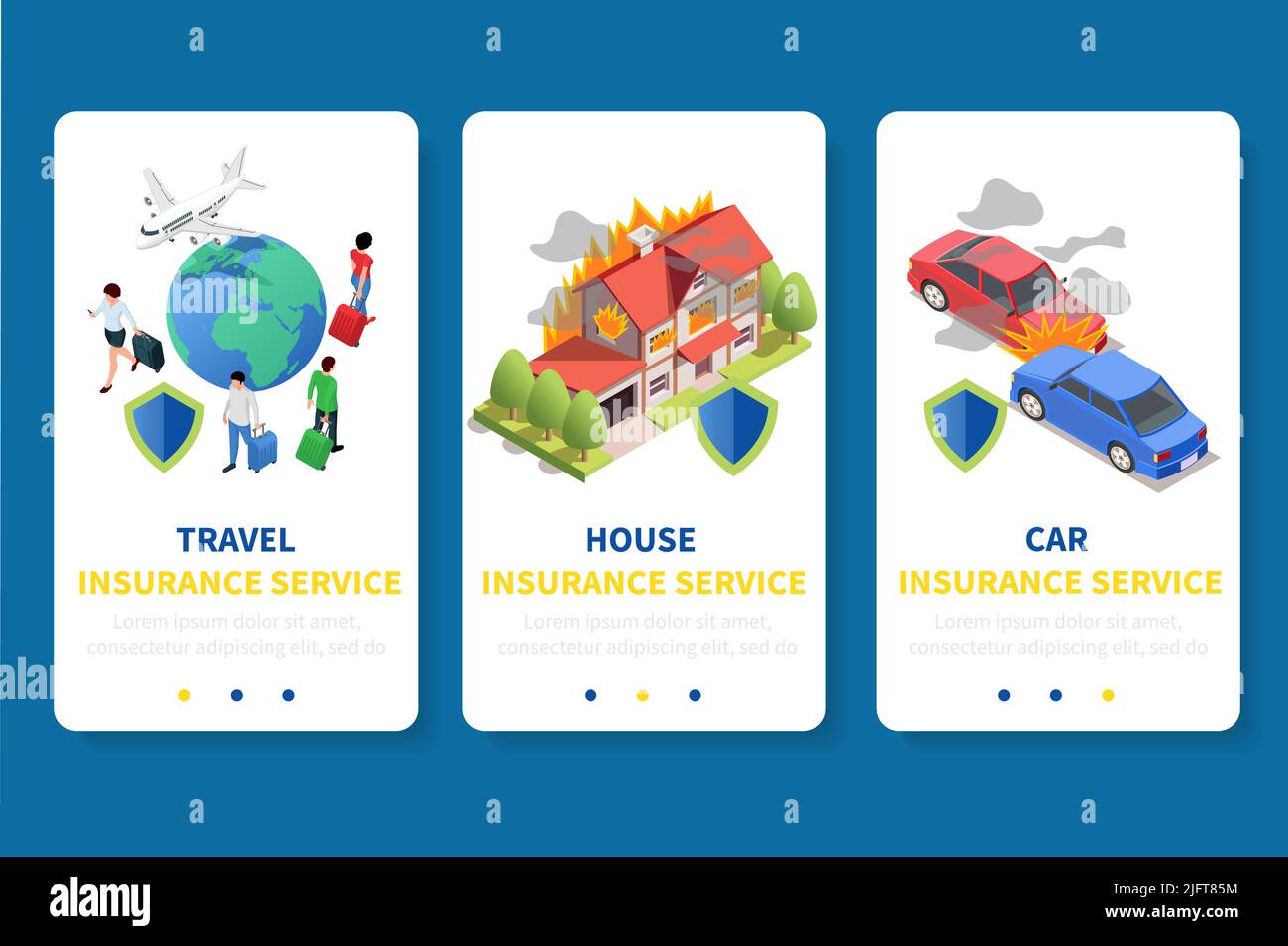 Insurance app design isometric set of three vertical banners with page ...