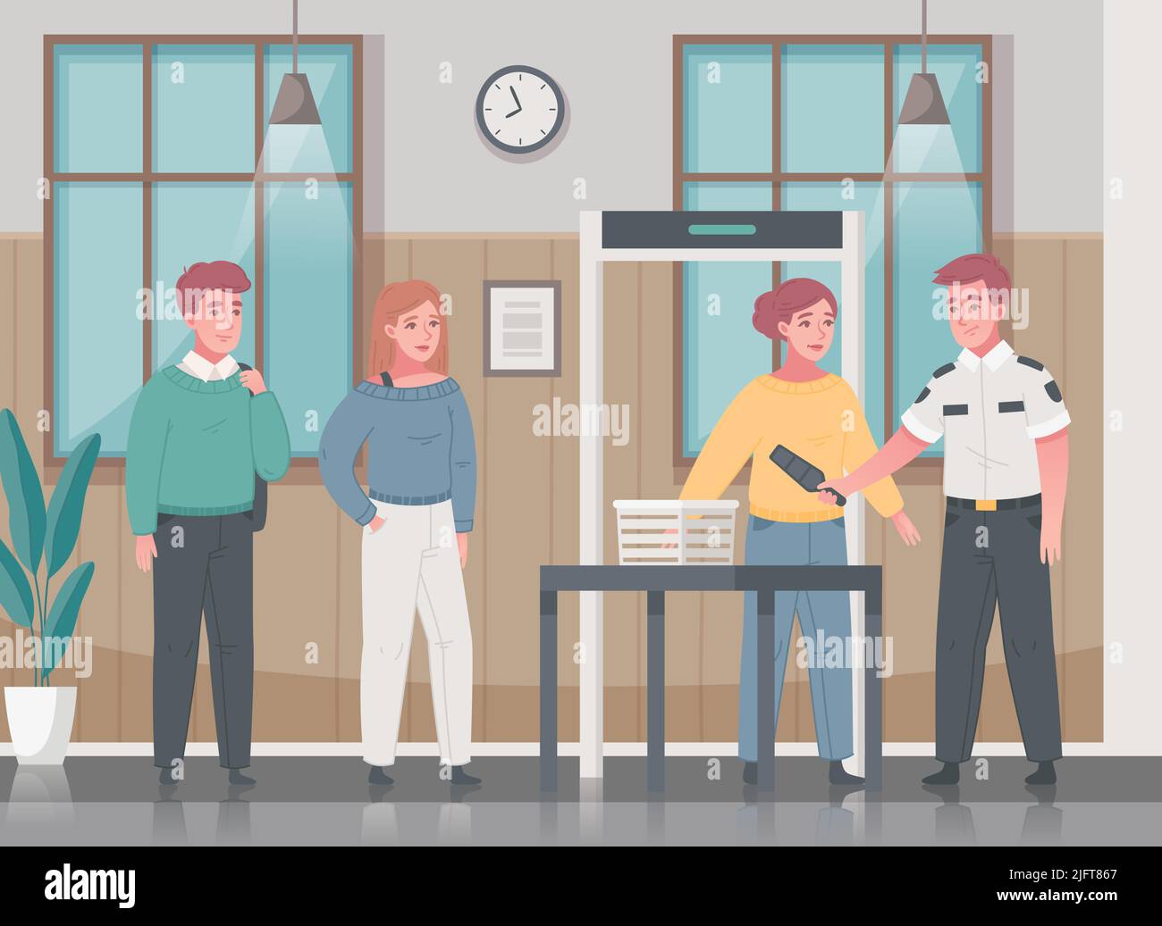 Security guard agency service cartoon composition with indoor scenery ...