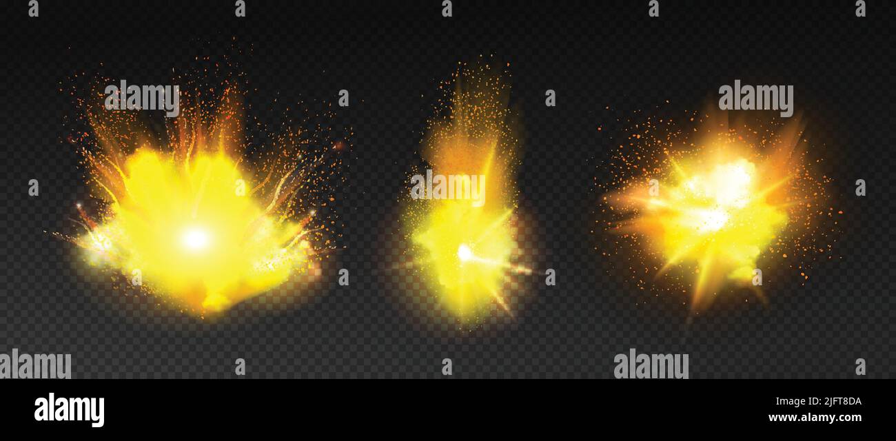 Fire explosion realistic set with isolated flashes of light with clouds ...