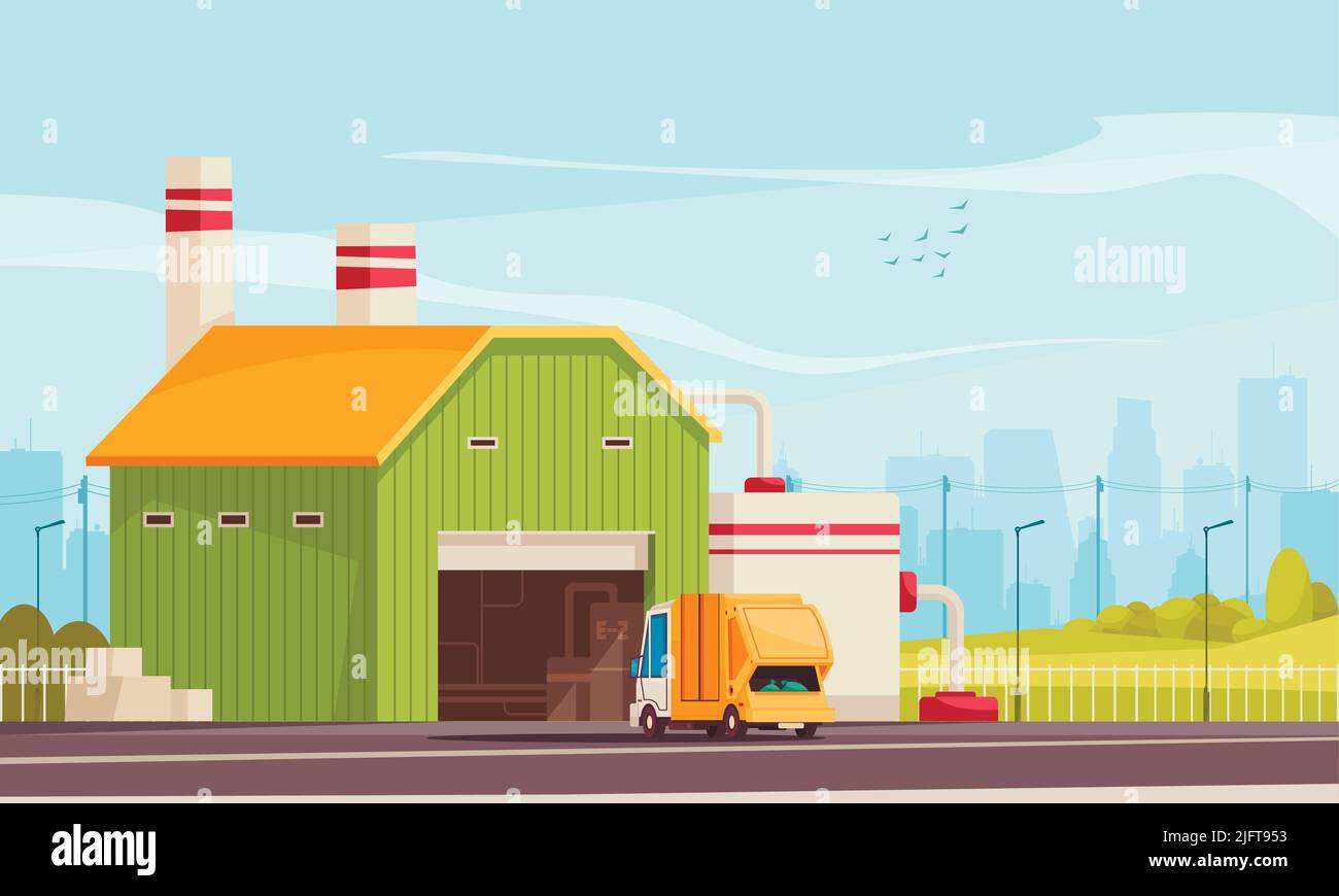 Cartoon garbage plant building exterior and truck on background with ...