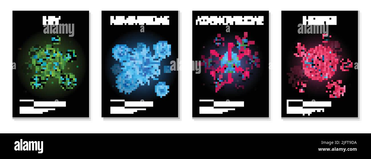 Realistic set of four posters with various classes of viruses on dark ...