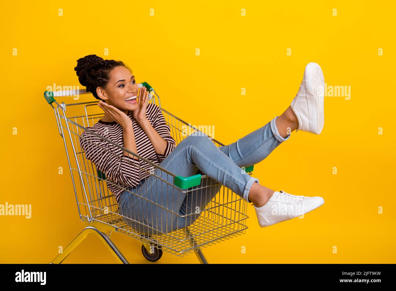Full size photo of positive crazy lady sit trolley astonished reaction ...